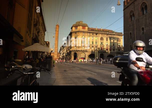 Bologna, Italy - circa 2018: Via Rizzoli street view with famous Two ...
