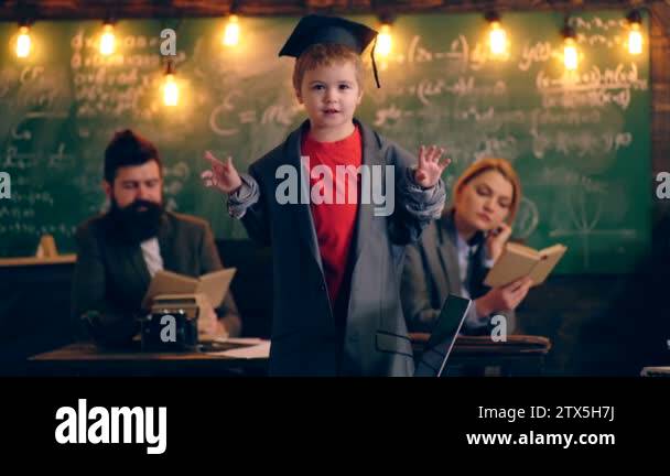 A small student speaks to two professors. Learning concept. School ...