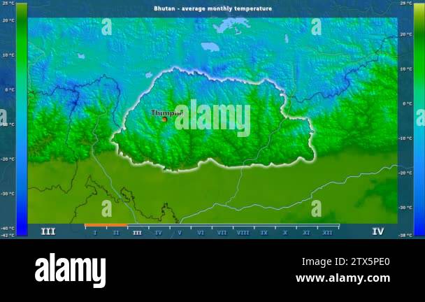 Average temperature by month in the Bhutan area with animated legend - English labels: country ...