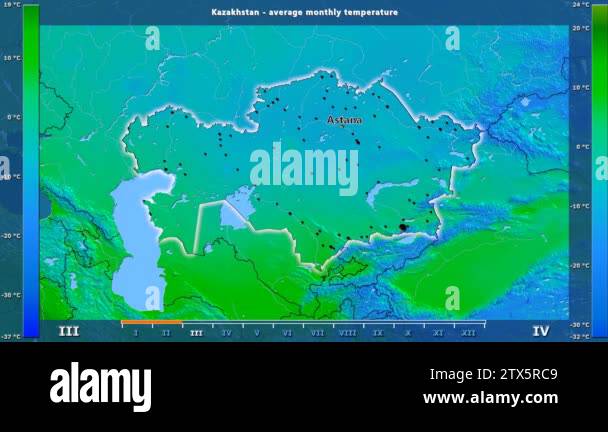 Average temperature by month in the Kazakhstan area with animated legend - English labels ...