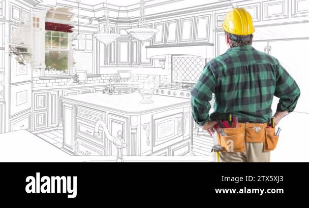 4k Contractor Facing Custom Kitchen Drawing Transitioning to Photograph ...