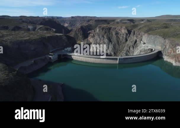 Aerial drone scene of Agua de Toro dam. Detali of semi circular ...