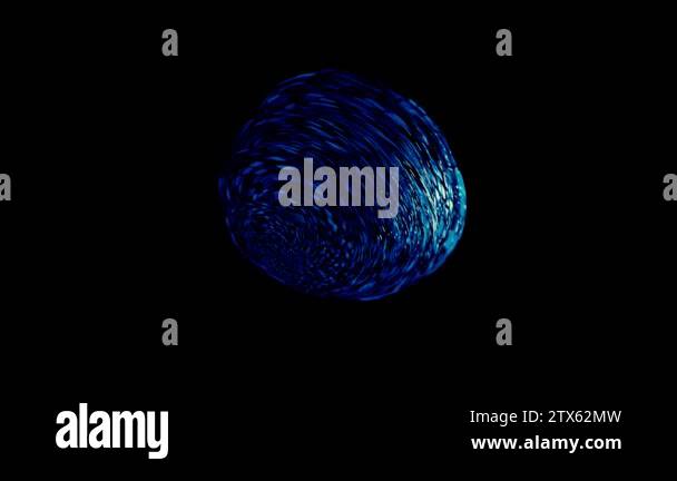 Amazing blue sphere of liquid substance rotating on black background ...