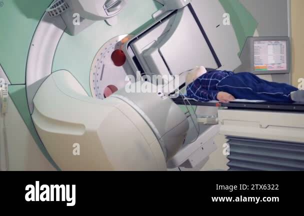 Medical technology concept. Radiotherapy procedure performed on a man ...