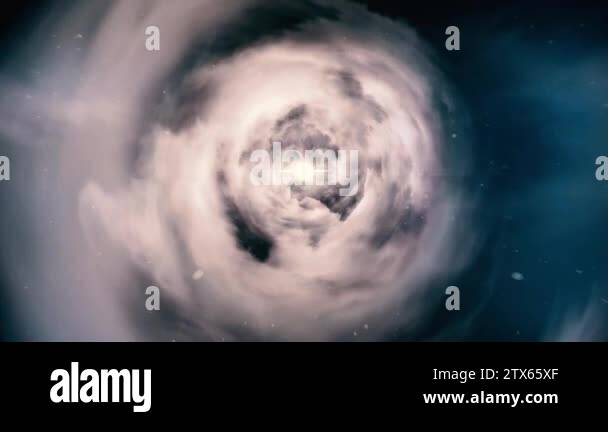 Flying through a tunnel from the night sky, stars and clouds. Night flight over clouds. Loop ...