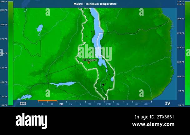 Minimum temperature by month in the Malawi area with animated legend ...