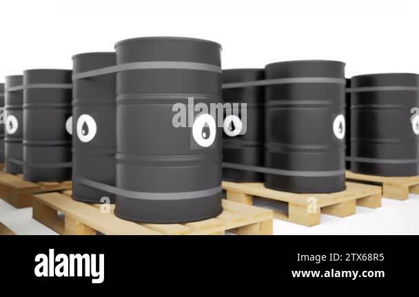 Stack of black metal barrels with an oil symbol. Fuel tanks are placed ...