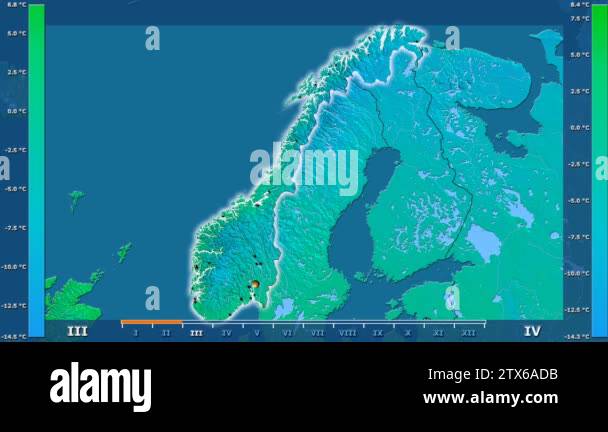 Average temperature by month in the Norway area with animated legend - glowing shape ...