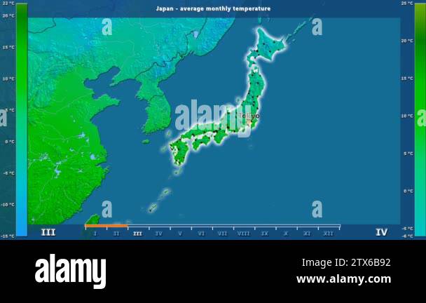 Average temperature by month in the Japan area with animated legend - English labels: country ...