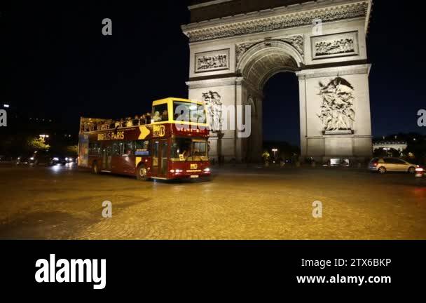 Paris, France - July 2, 2017: night touristic bus at Place Charles de ...