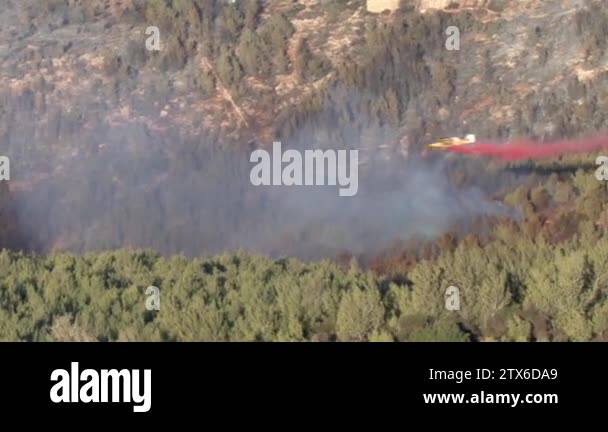 Fire fighting plane spraying fire extinguisher on burning forest, Mount ...