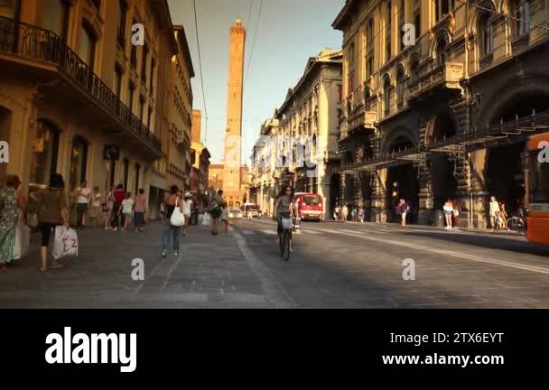 Bologna, Italy - circa 2018: Via Rizzoli street view with famous Two ...