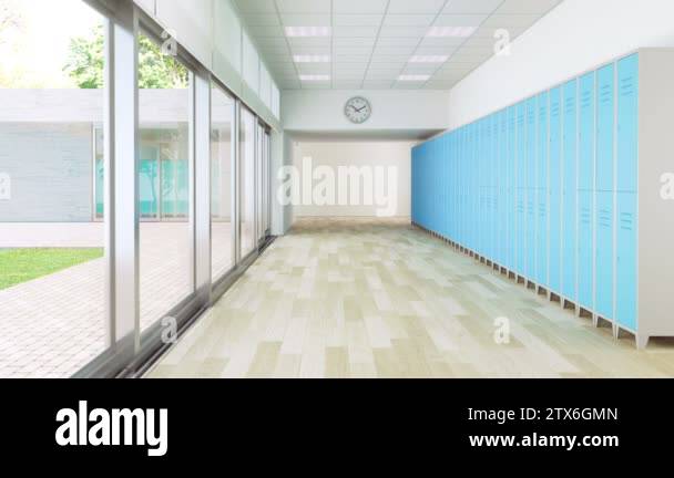 School hallway with row of lockers, posters on wall with track green ...