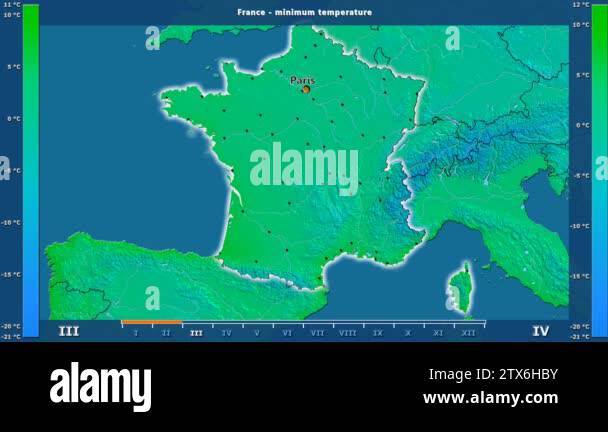 Minimum temperature by month in the France area with animated legend ...