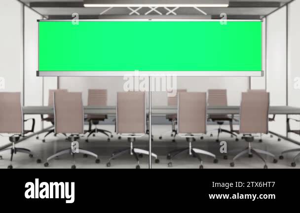 Projection cinema screen pull-down and camera zoom to green screen ...