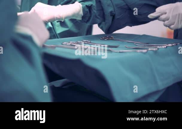 Surgery tools. Multiple surgery tools on a plate in operating room ...