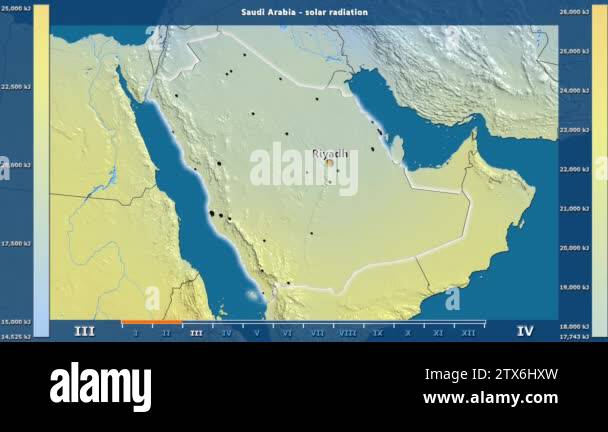 Solar radiation by month in the Saudi Arabia area with animated legend ...