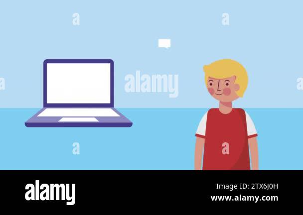 little students boys with laptop elearning characters animation Stock ...