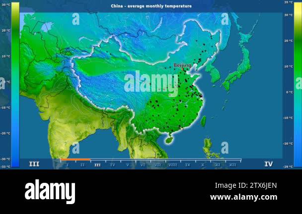 Average temperature by month in the China area with animated legend - English labels: country ...