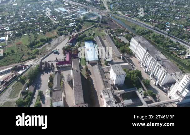 Grain terminal. The old Soviet grain elevator. Top view of a silo ...