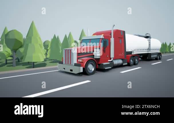 Front view camera follows American semi truck with petrol or oil tank ...