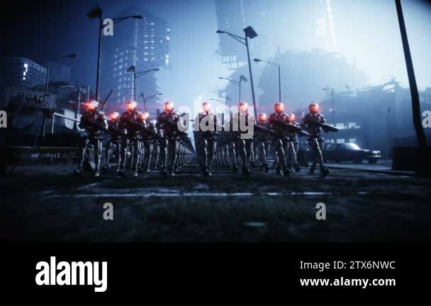 walking military robots. invasion of military robots. Dramatic ...