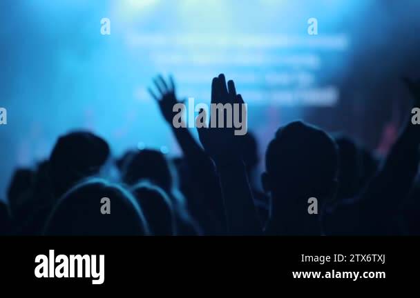 People raising up hands at a concert. A close-up. A back view. Singing ...