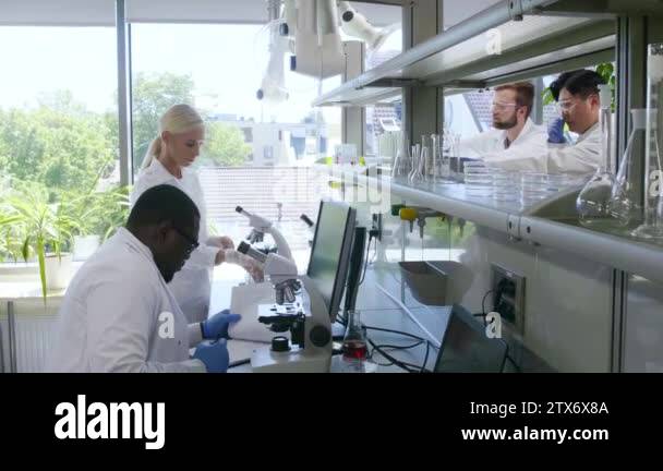 Scientist and students working in lab. Doctor teaching interns to make ...