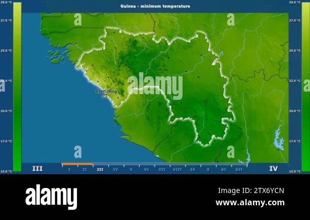 Minimum temperature by month in the Guinea area with animated legend - English labels: country ...