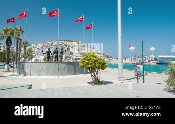 Kusadasi Turkey Turkish Landmark on Ataturk Boulevard with Flags and ...