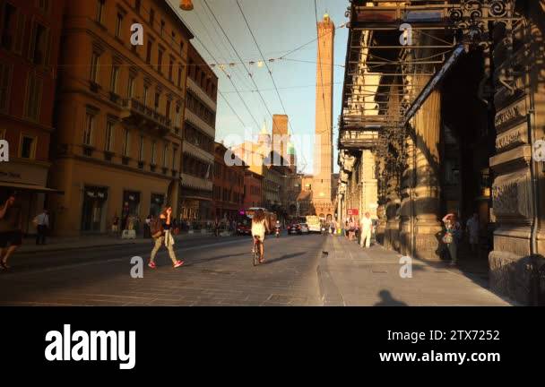 Bologna, Italy - circa 2018: Via Rizzoli street view with famous Two ...