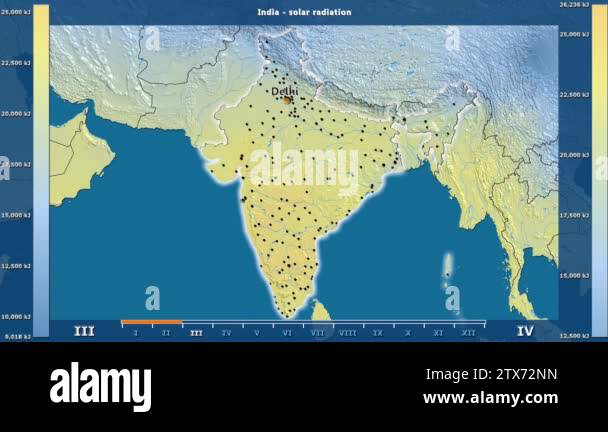 Solar radiation by month in the India area with animated legend ...