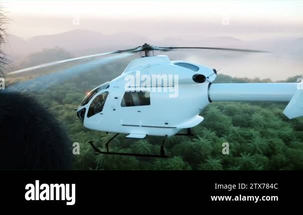 Giant gorilla and helicopter in jungle. Prehistoric animal and monster ...