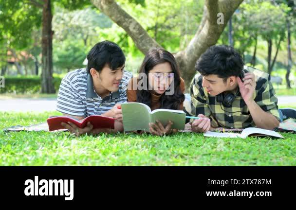 Students in park. Study together. Chinese male and female teenagers ...
