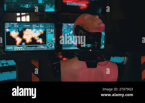 Futuristic humanoid robot sitting by the monitors Stock Video Footage ...