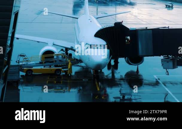Loaders of the airport load baggage on the conveyor belt on board the ...
