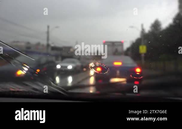 Traffic in Rain in City, Driving Car, Heavy Storm on Road, Highway ...