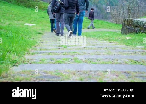 A group of people is walking downhill on a path and they are all ...