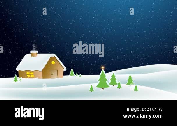Falling snow with a snowy cottage as a Christmas wish background ...