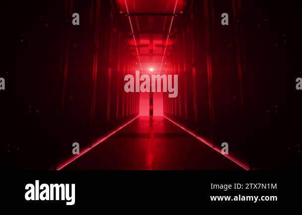 Camera slowly moving along the corridor in data center when red light ...