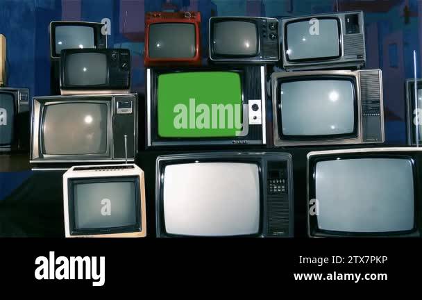 Old Tv with Green Screen and Many Old Tvs. Aesthetics of the 80s. Zoom ...