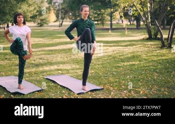 Professional yoga instructor is teaching students to do balancing ...