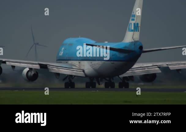 Boeing 747 of KLM airlines accelerate on runway and take off Stock ...