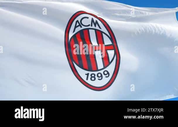 ITALY MILAN JULY 2018: A.C. Milan flag waving in slow motion against ...