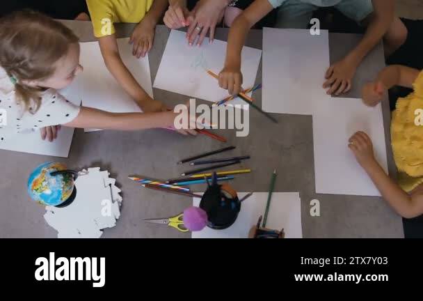 Top view, a group of elementary school kindergarten children taking ...