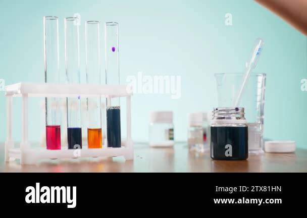 chemical experiments, laboratory test tubes with reagents. 4k, close-up ...