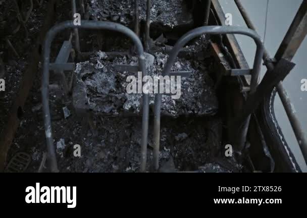 Bus after the fire. Explosion of a bomb in a passenger vehicle. The ...