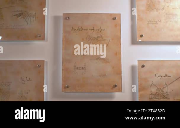 Leonardos Da Vinci engineering drawing inventions sketch on the wall in ...