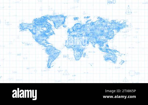 Abstract World map with looped random mathematical and physical ...