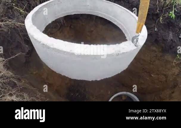 Installation of reinforced concrete rings by the excavator in a trench ...